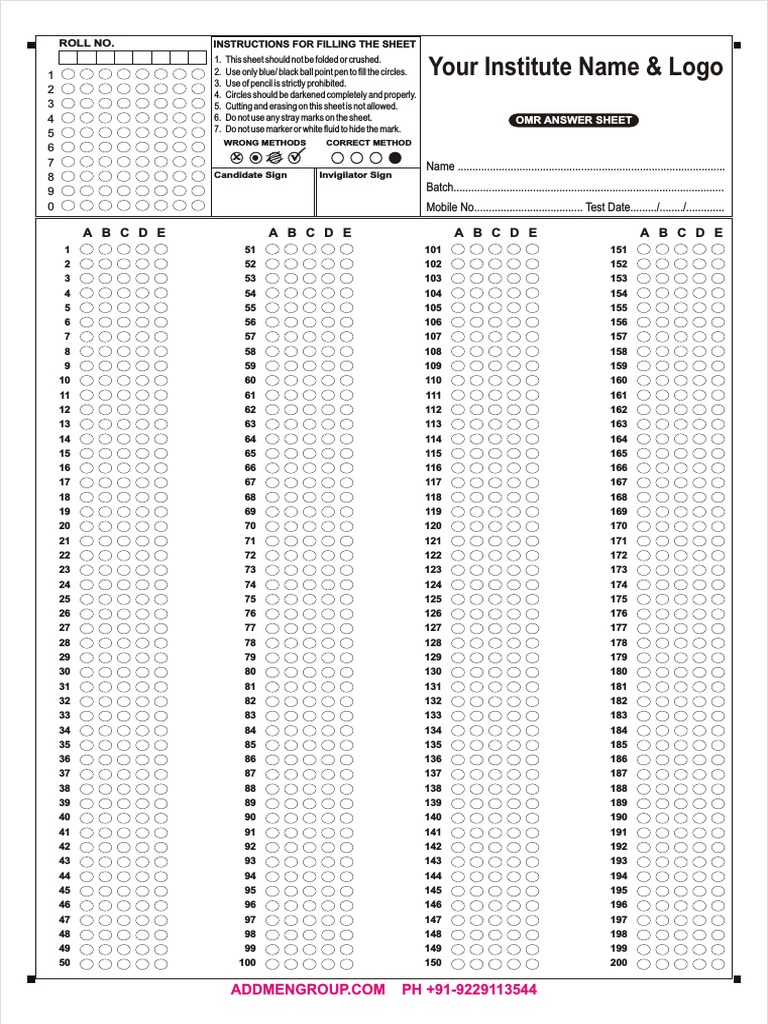 200 Questions OMR Sheet | PDF | Optical Character Recognition | Writing ...