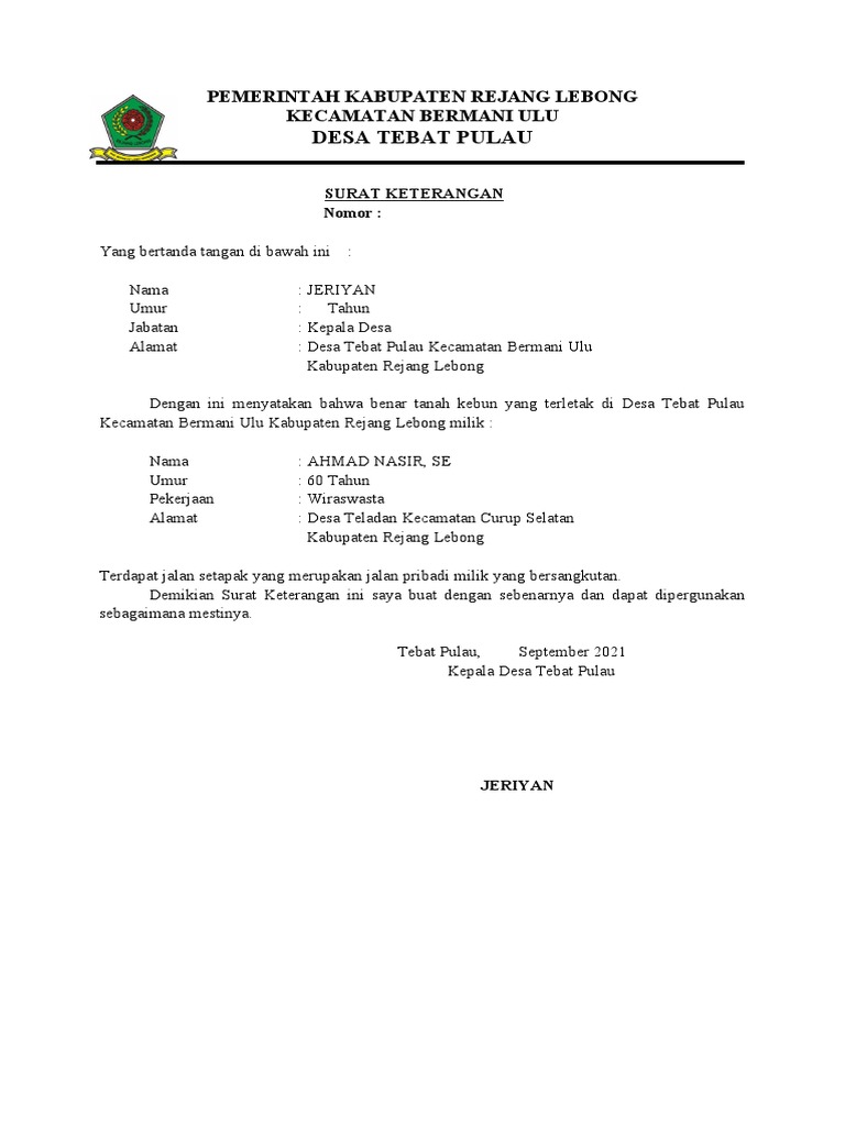 SURAT KETERANGAN Desa Tebat Pulau | PDF