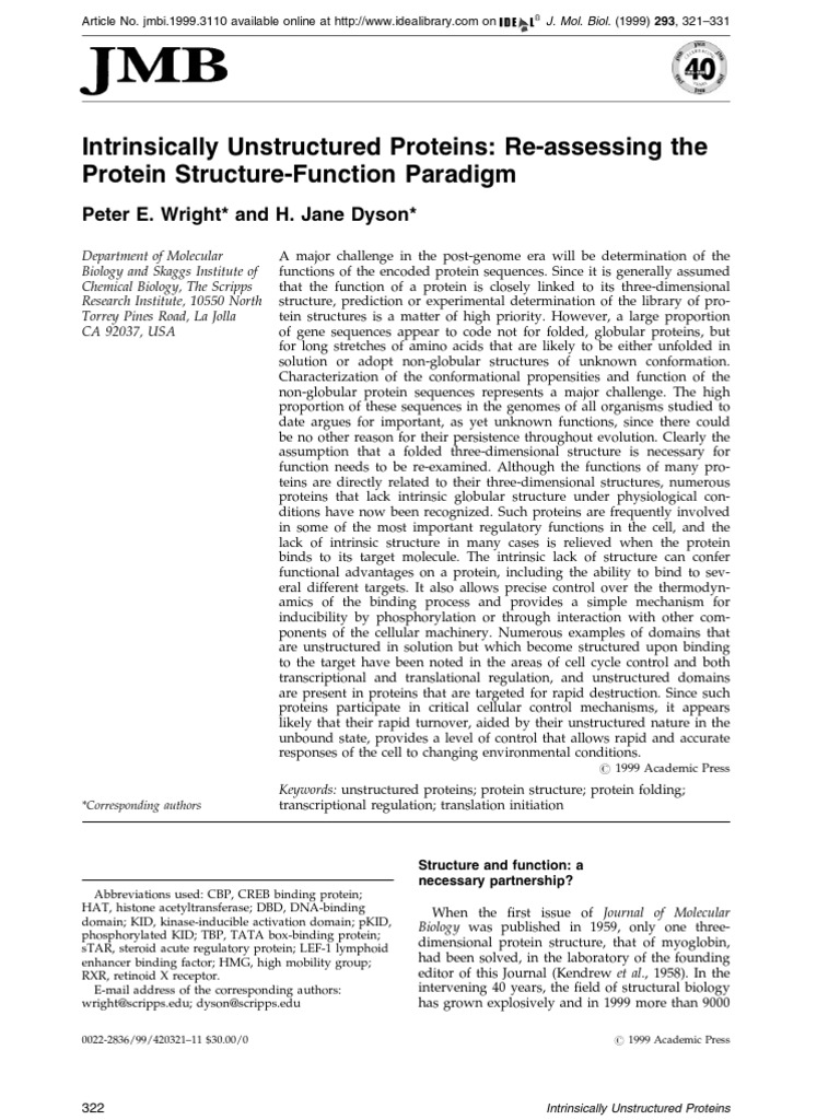 Intrinsically Unstructured Proteins: Re-Assessing The Protein Structure ...