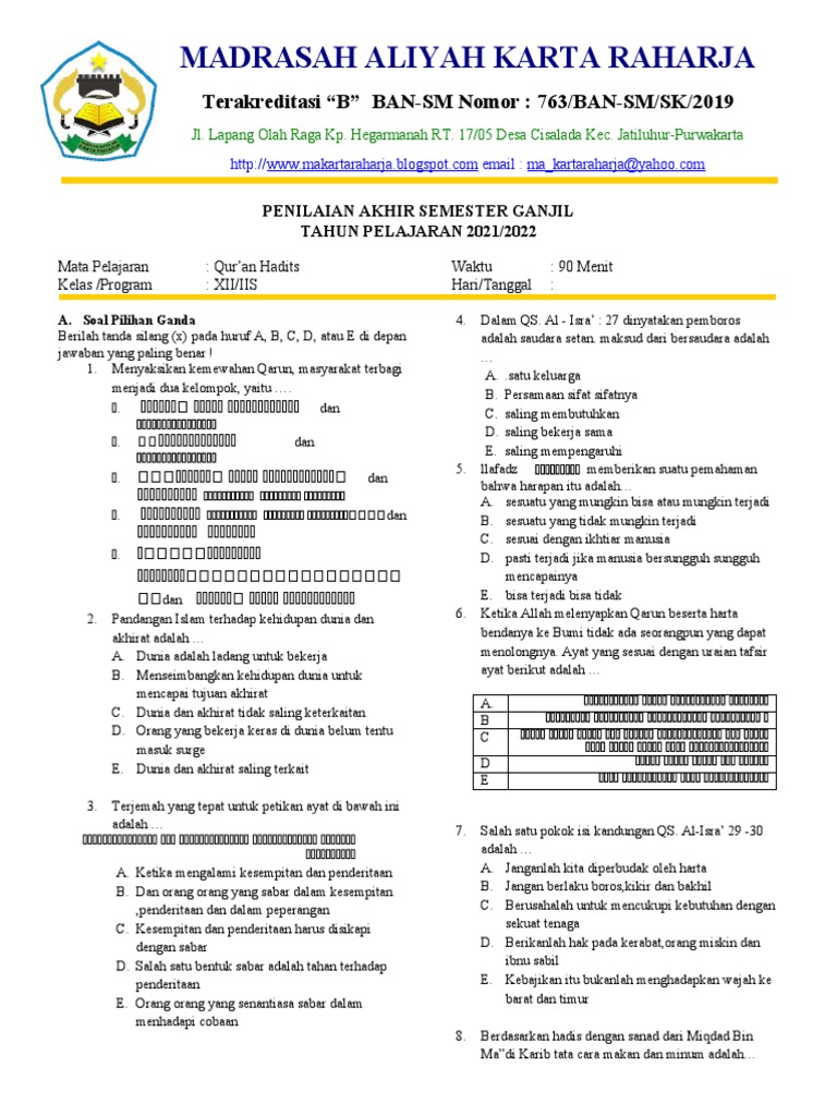Soal Utama QH Kelas Xii SMT 1 | PDF