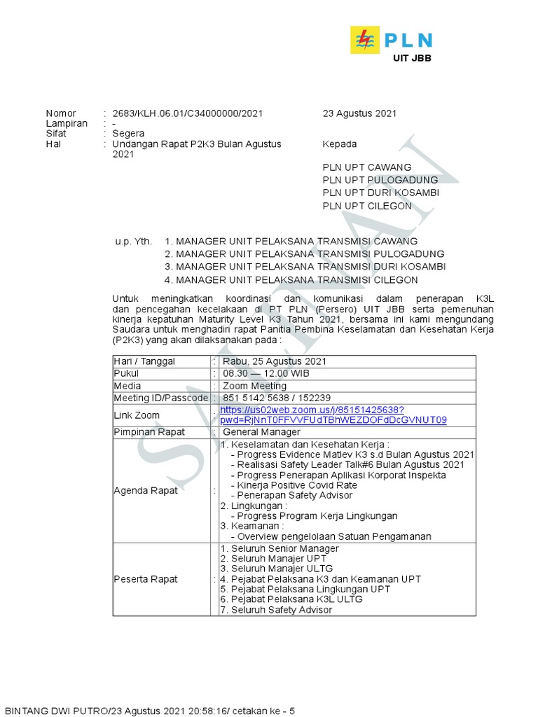Undangan Rapat P2K3 Bulan Agustus 2021 | PDF