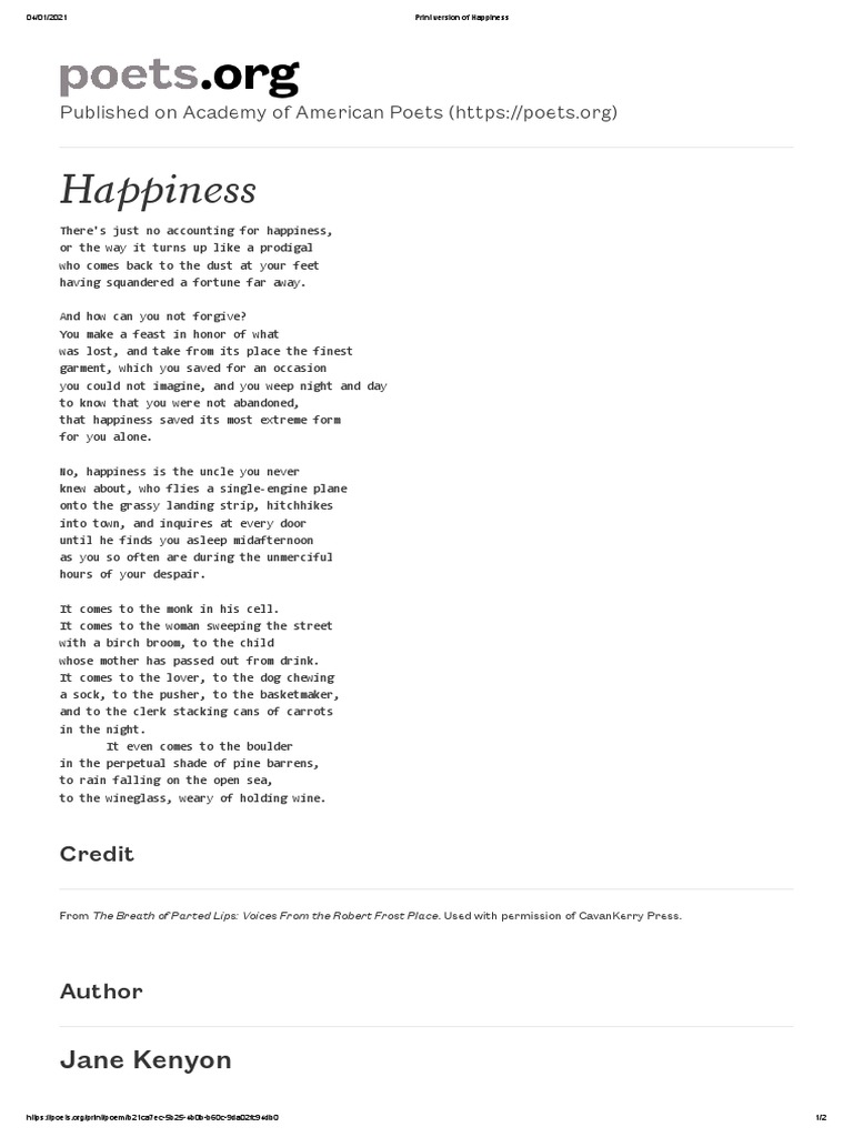 Jane Kenyon - Happiness | PDF