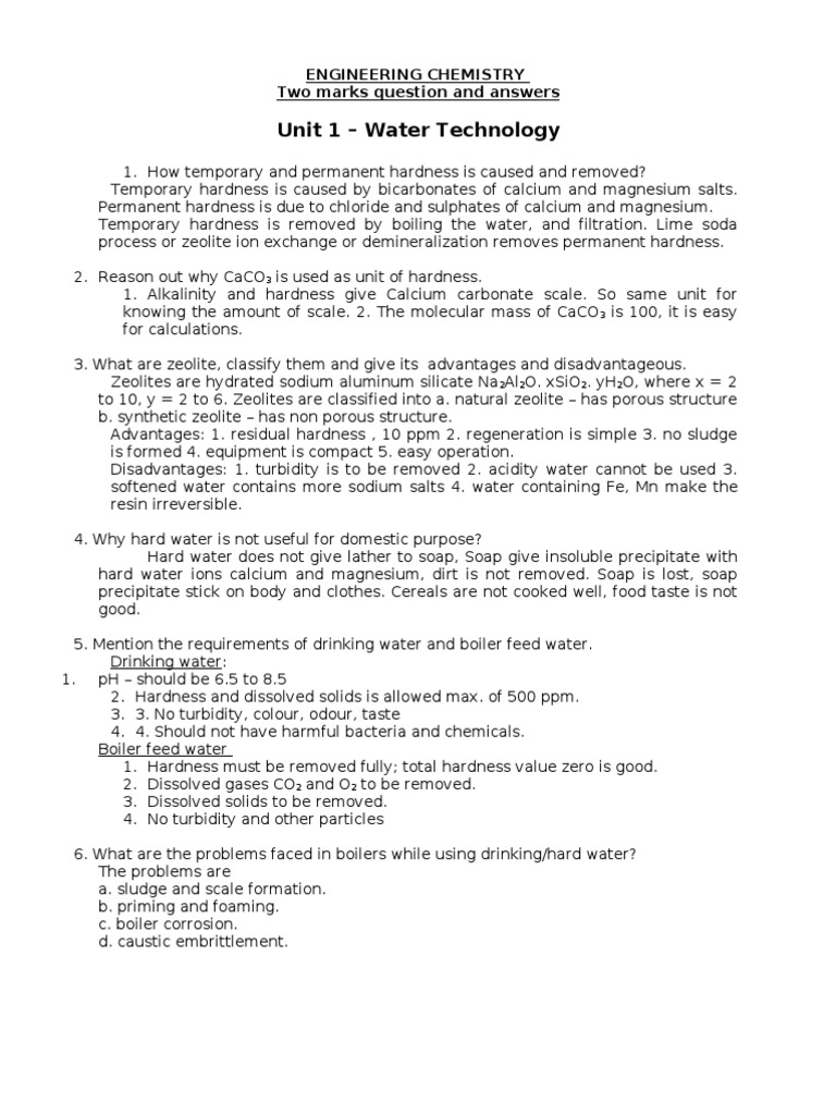 Unit 1 - Water Technology: Engineering Chemistry Two Marks Question and ...