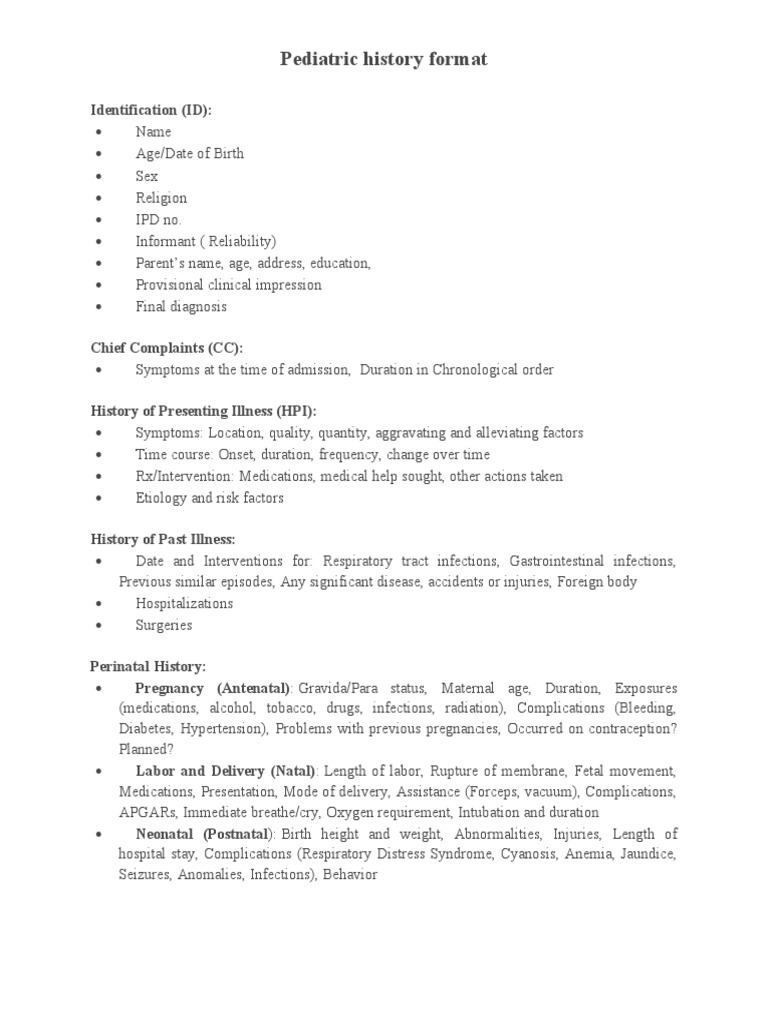 Pediatric History Format Guide | PDF | Childbirth | Prenatal Development