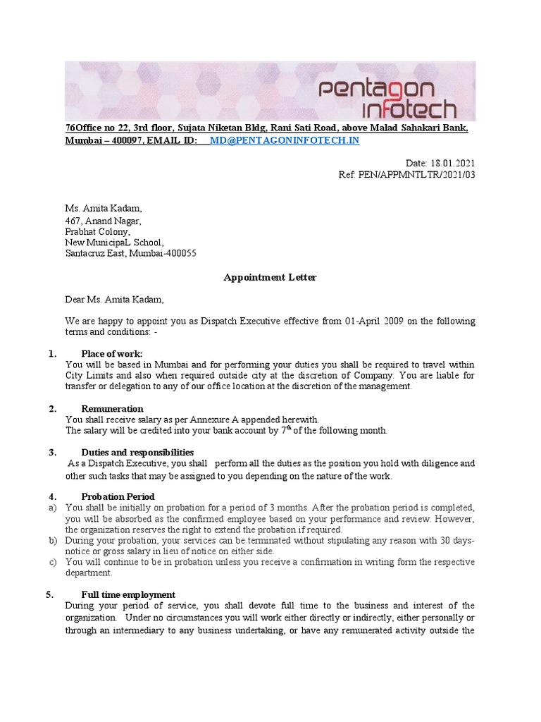 AMITA DHURI - Appointment Letter | PDF | Non Disclosure Agreement ...