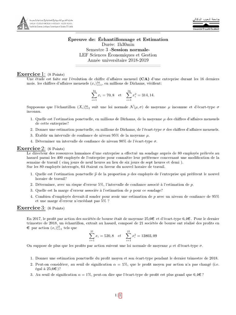 Exam Ech Estim 18 19 Normale | PDF | Intervalle de confiance | Écart type