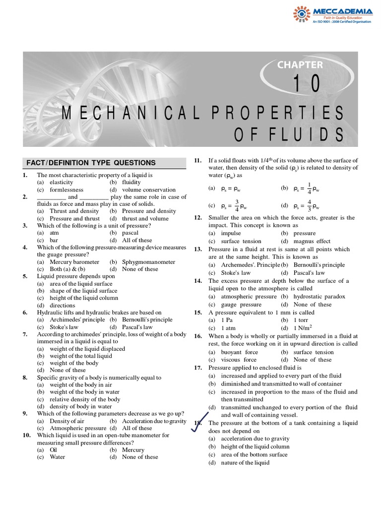 Mechanical Properties of Fluids Quiz | PDF | Buoyancy | Liquids