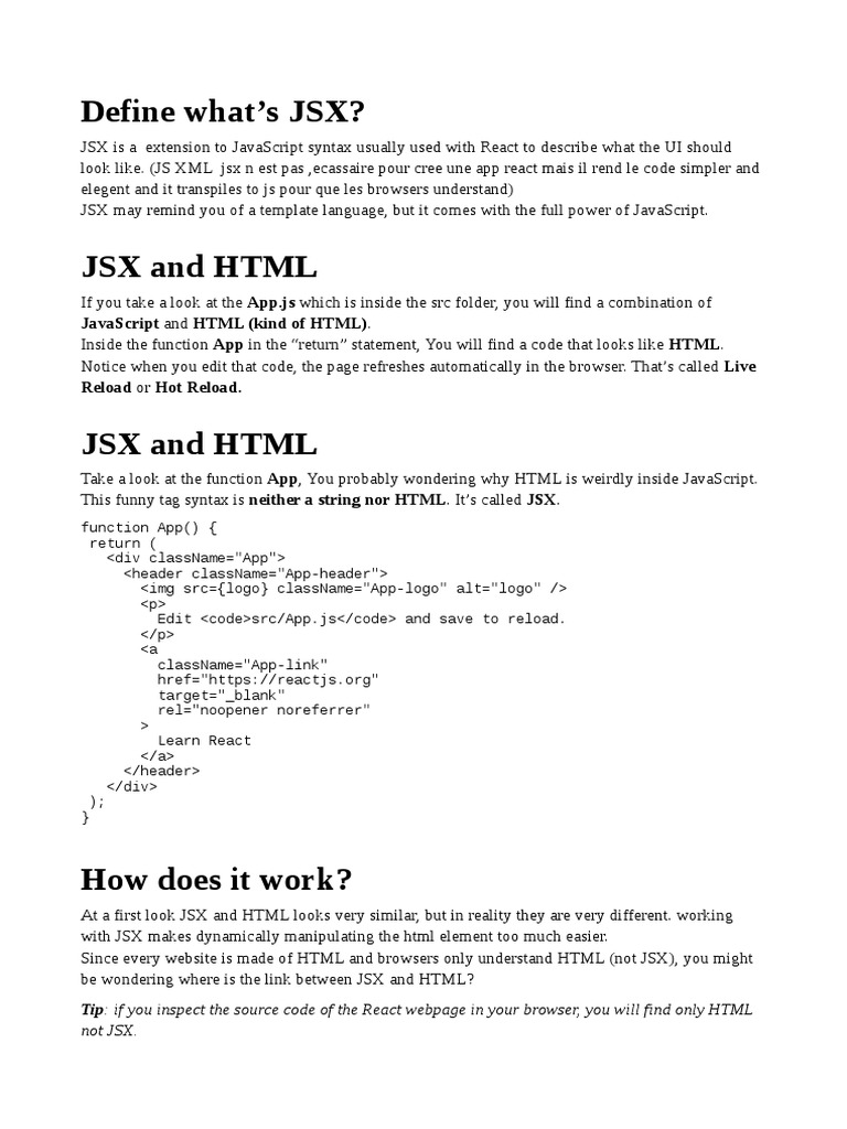 Define What'S JSX?: Javascript and HTML (Kind of HTML) | PDF | Html | Html Element