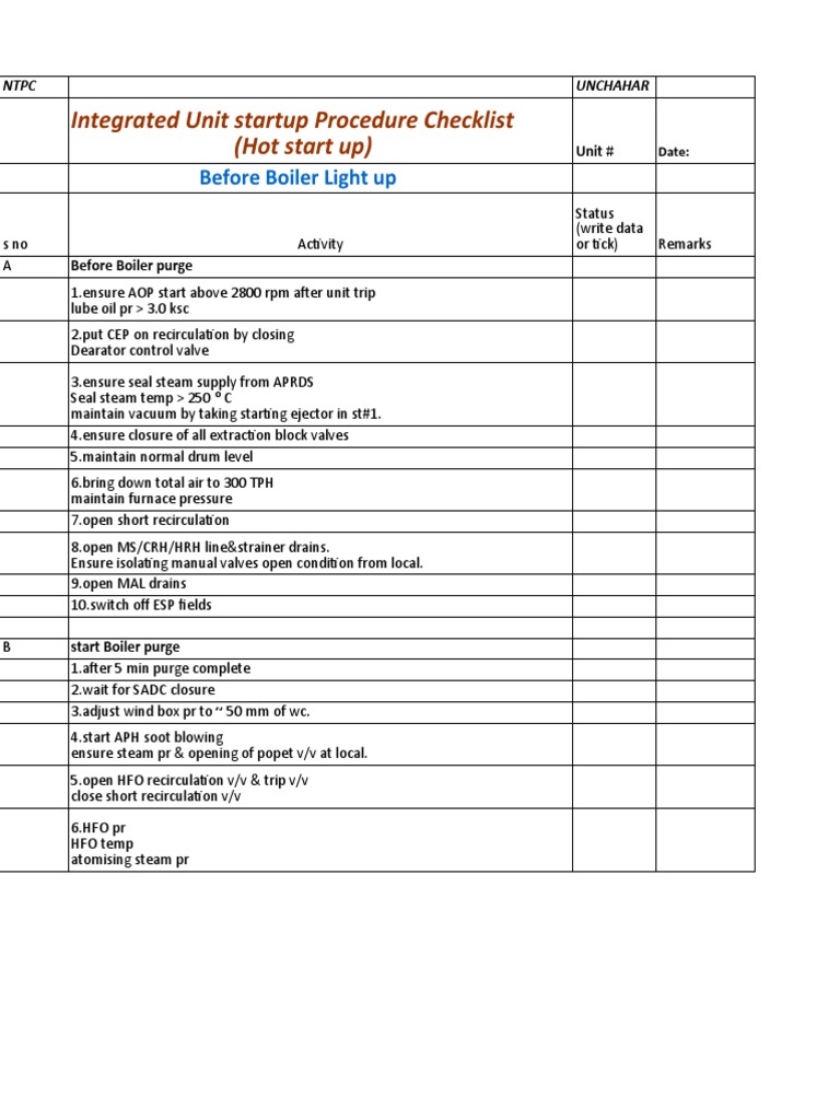 Integrated Unit Startup Procedure Checklist (Hot Start Up) : Before ...