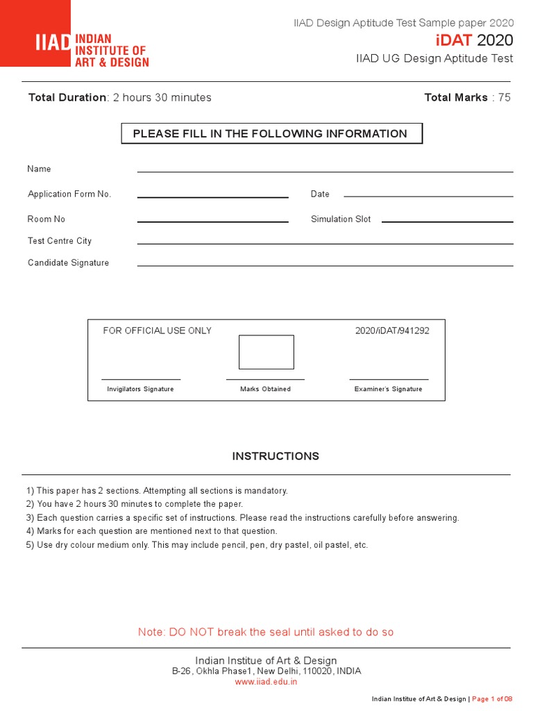 Total Duration: 2 Hours 30 Minutes Total Marks: 75: IIAD UG Design ...