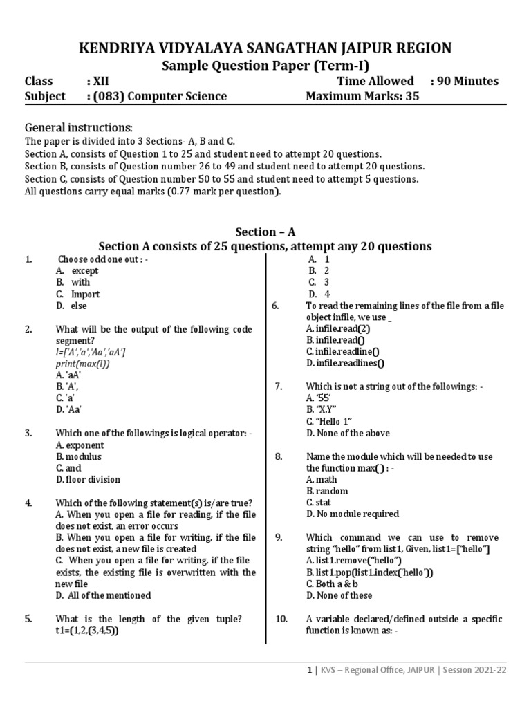 Kendriya Vidyalaya Sangathan Jaipur Region: Sample Question Paper (Term-I) | PDF | Comma ...
