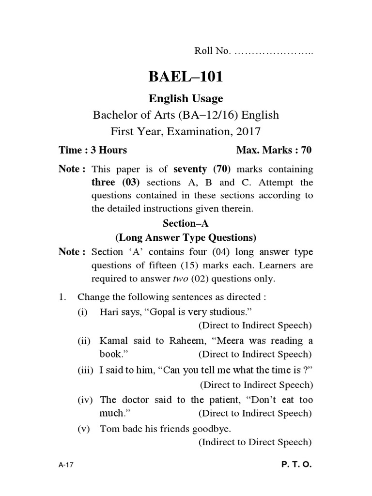 BAEL-101: Bachelor of Arts (BA-12/16) English First Year, Examination, 2017 | PDF | Sentence ...