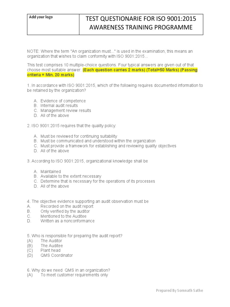 ISO 9001:2015 Awareness Test Questions | PDF | Iso 9000 | Audit
