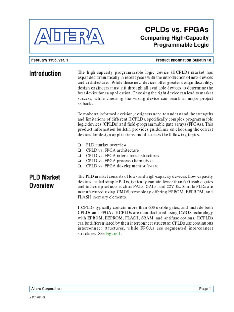 CPLDs Vs FPGAs (Altera PIB 18) | PDF | Field Programmable Gate Array ...
