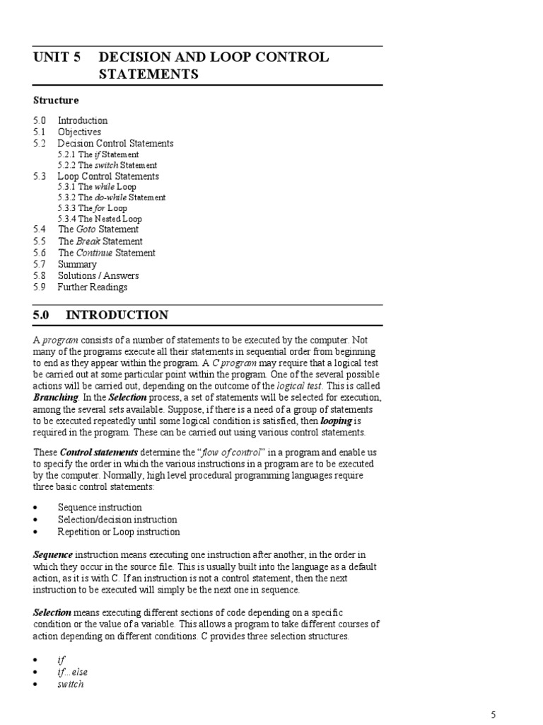 Unit 5 Decision and Loop Control Statements: Structure | PDF | Control ...
