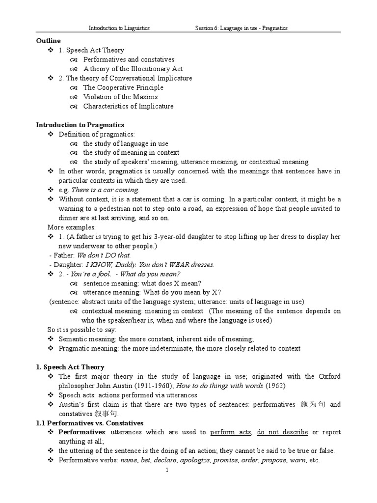 Outline: Introduction To Linguistics Session 6: Language in Use ...