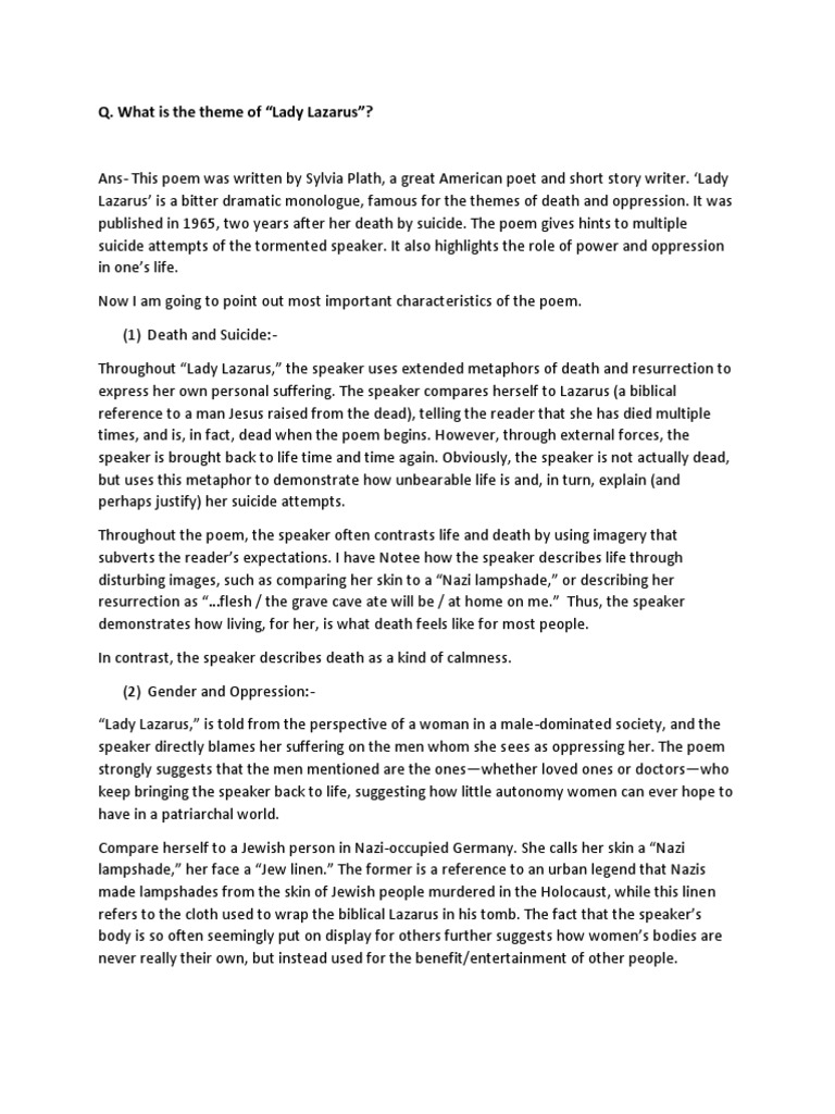 Q. What Is The Theme of "Lady Lazarus"? | PDF | Lazarus Of Bethany