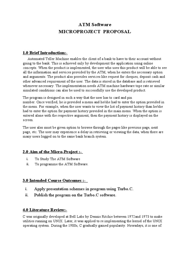 ATM Software Microproject Proposal: 1.0 Brief Introduction | PDF | Compiler | Automated Teller ...