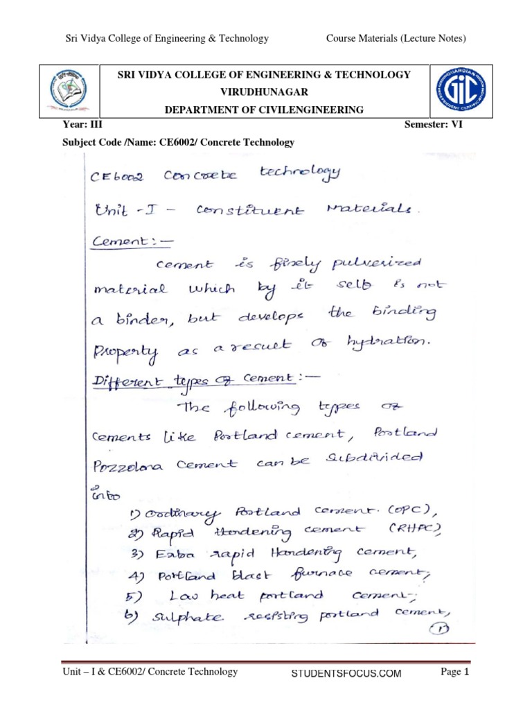 Concrete Technology Lecture Notes PDF | PDF | Engineering | Science And ...