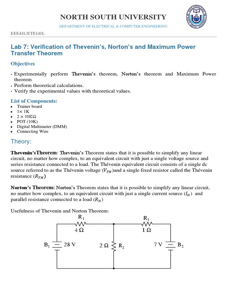 Thevenin & Norton Theorems Lab Guide | PDF | Electrical Network | Electronic Engineering