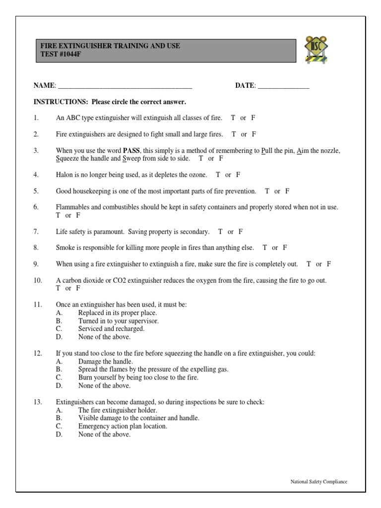 Fire Extinguisher Training and Use TEST #1044F: National Safety ...