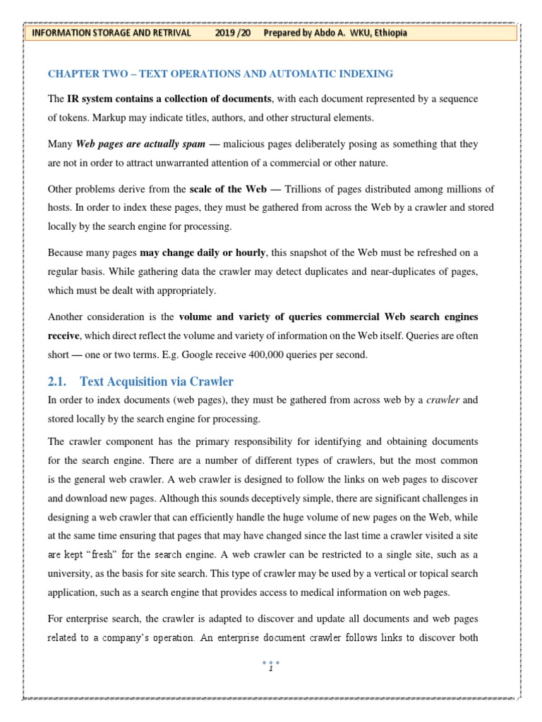 Chapter Two - Text Operations and Automatic Indexing: 2.1. Text Acquisition Via Crawler | PDF ...