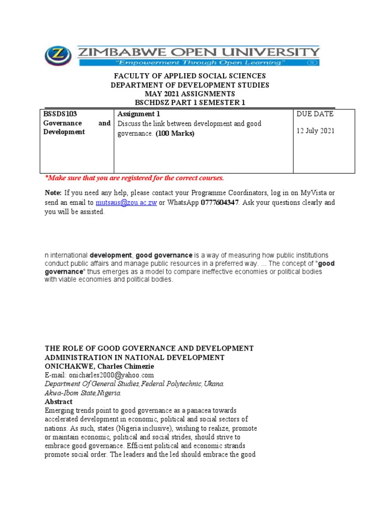 BSSD 103 Governance and Development Assignment 1 Part 1 Semester 1 | PDF | Governance | Good ...