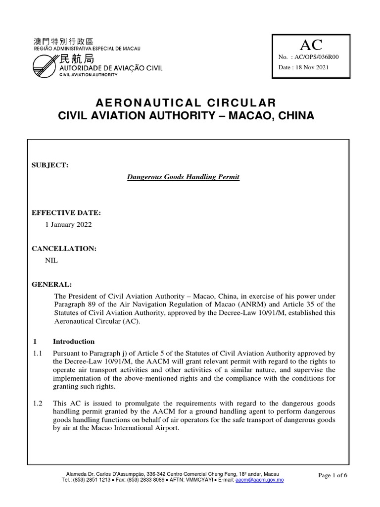 Macau DG HANDLING PERMIT | PDF | Dangerous Goods | Airport