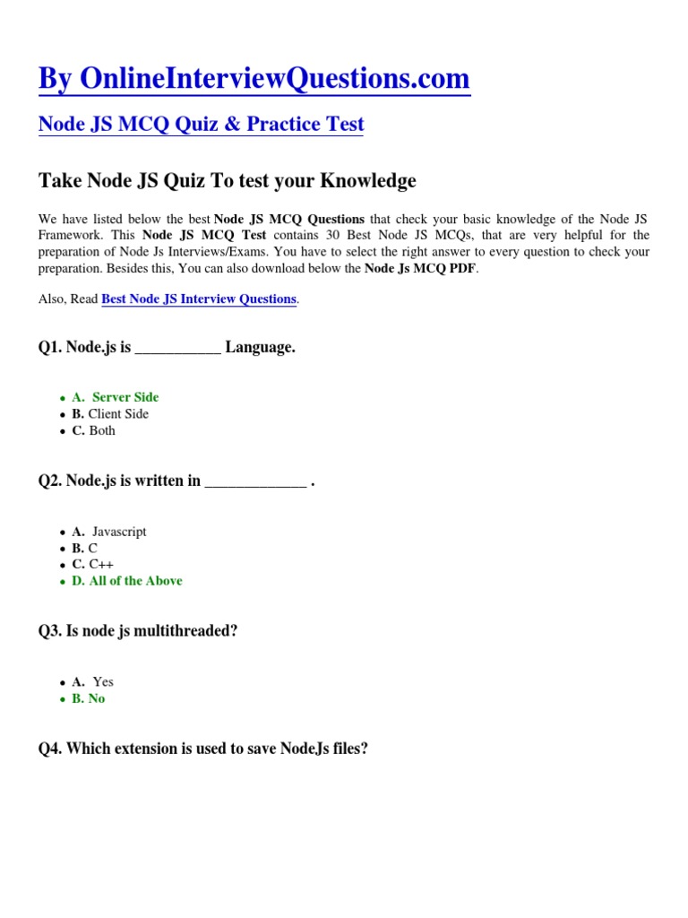 Node Js Mcq Quiz And Practice Test Pdf Computing Software Engineering 