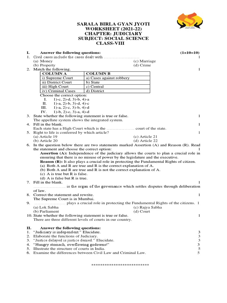 Class 8 Judiciary Worksheet 2021-22 | PDF | Judiciaries | Government ...