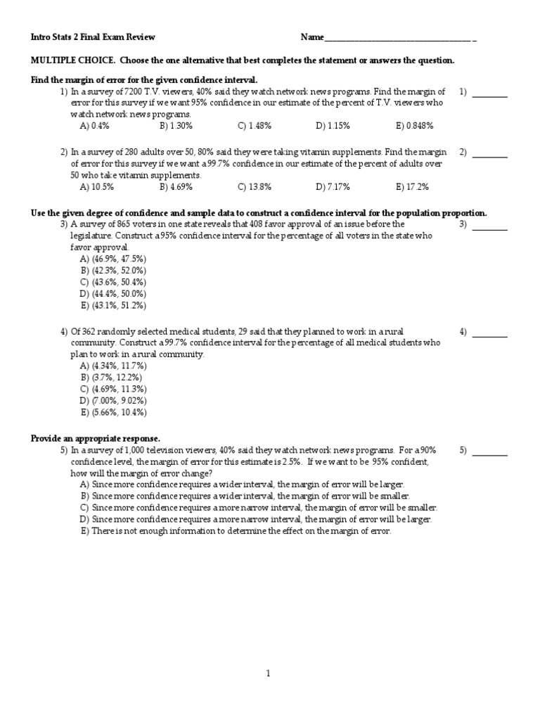 Introstats 2 Final Exam Review With Solutions | PDF | P Value ...