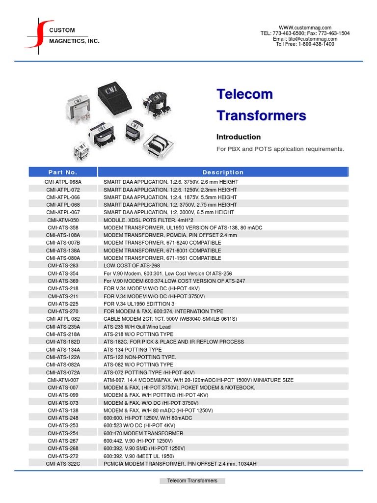Telecom Transformers Catalog | PDF | Fax | Modem