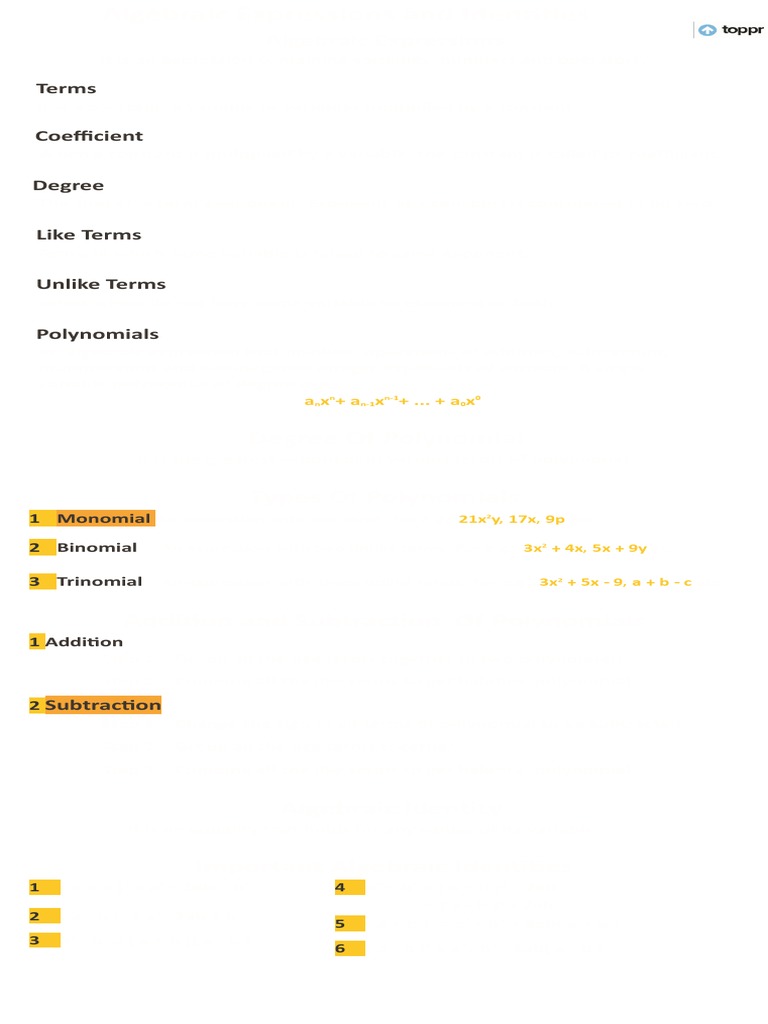 Degree of Polynomial: Algebraic Expressions | PDF | Polynomial ...