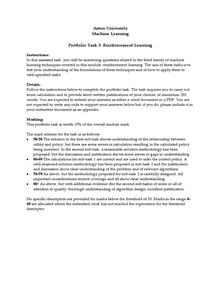 Aston University Machine Learning Portfolio Task 3: Reinforcement ...