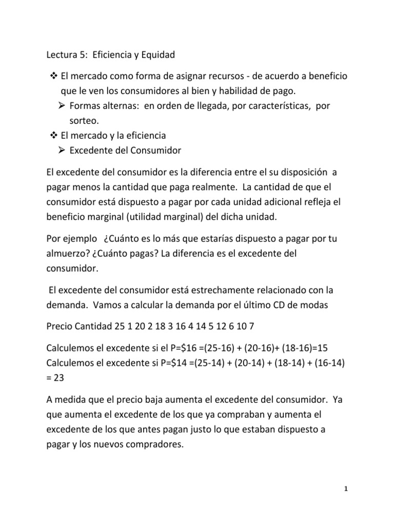 Lectura 5 Eficiencia y Equidad Ene16 | PDF | Excedente económico | Mercado (economía)