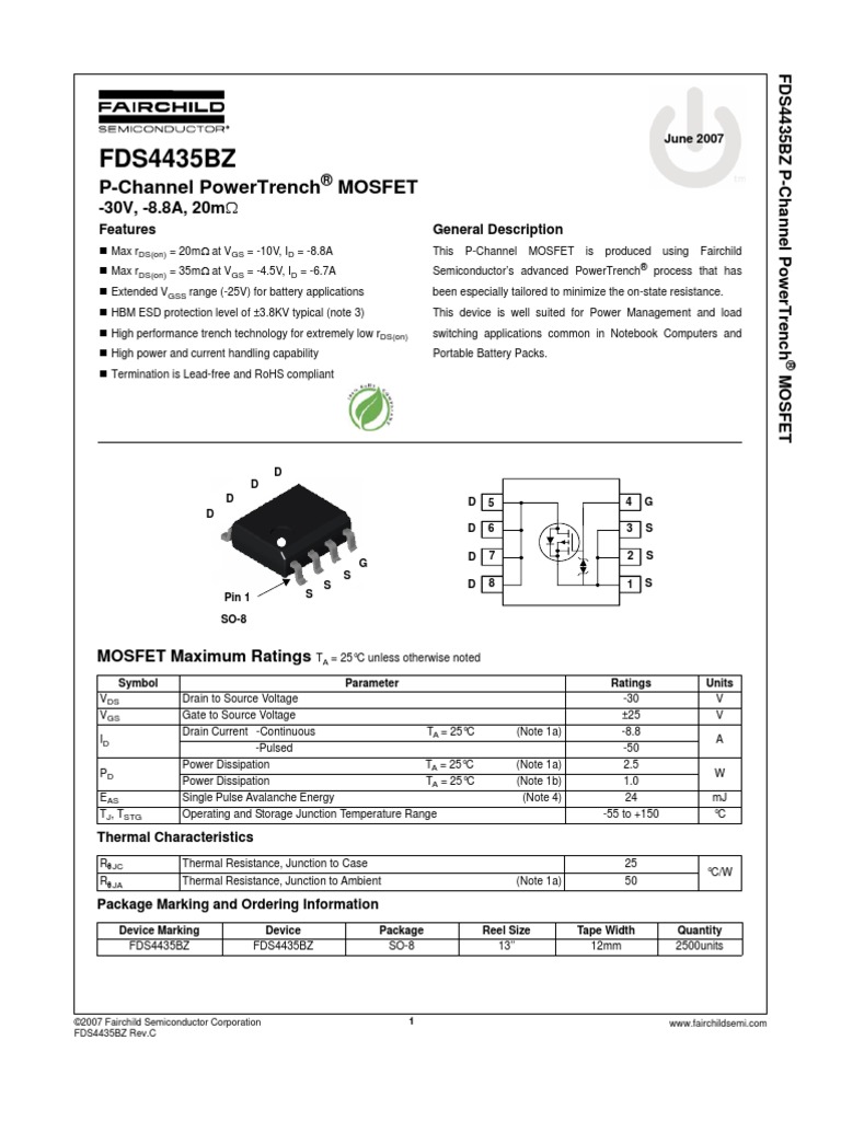 Fds4435Bz: P-Channel Powertrench Mosfet | PDF | Field Effect Transistor ...