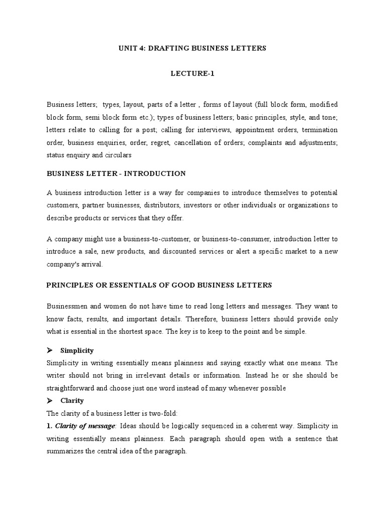 Unit 4: Drafting Business Letters | PDF | Writers | Paragraph