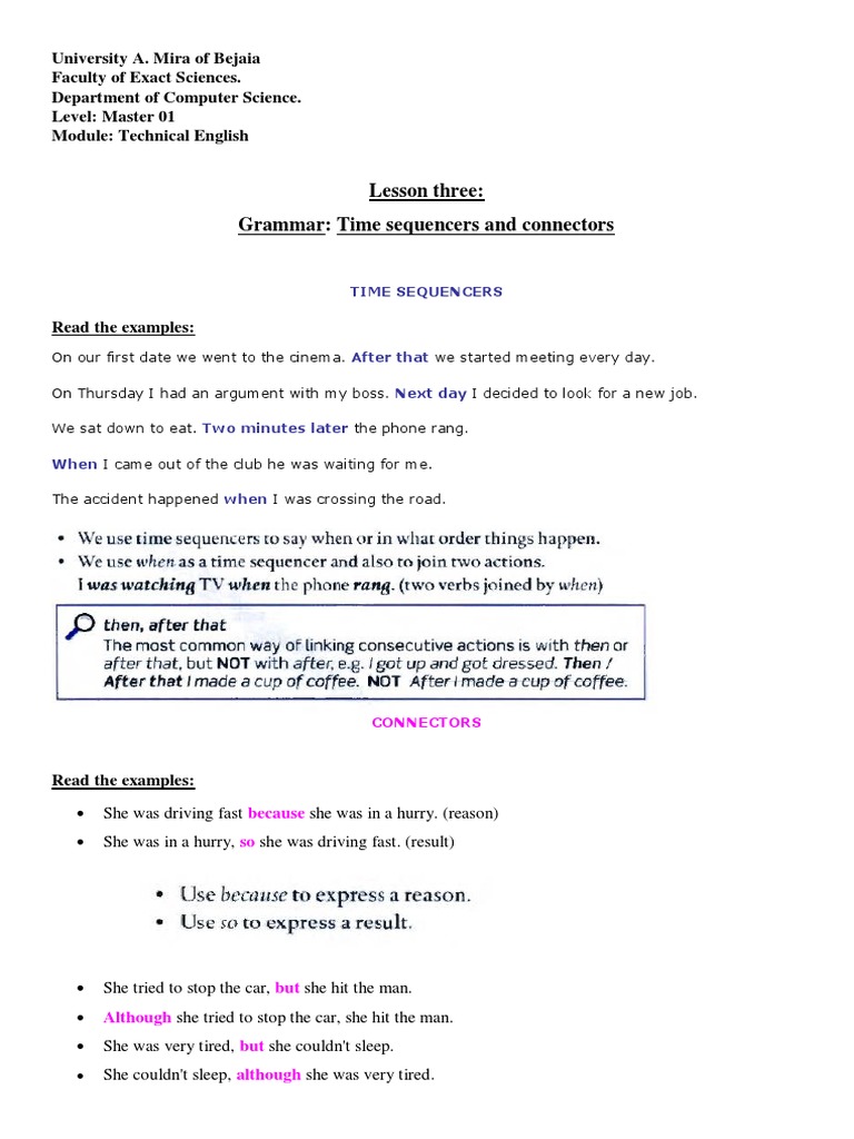 Lesson Three: Grammar: Time Sequencers and Connectors | PDF