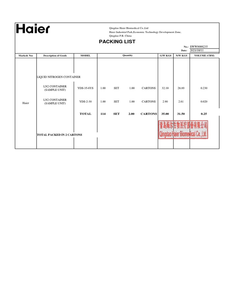 Packing List: Total 114 SET 2.00 Cartons 35.00 31.50 0.25 | PDF