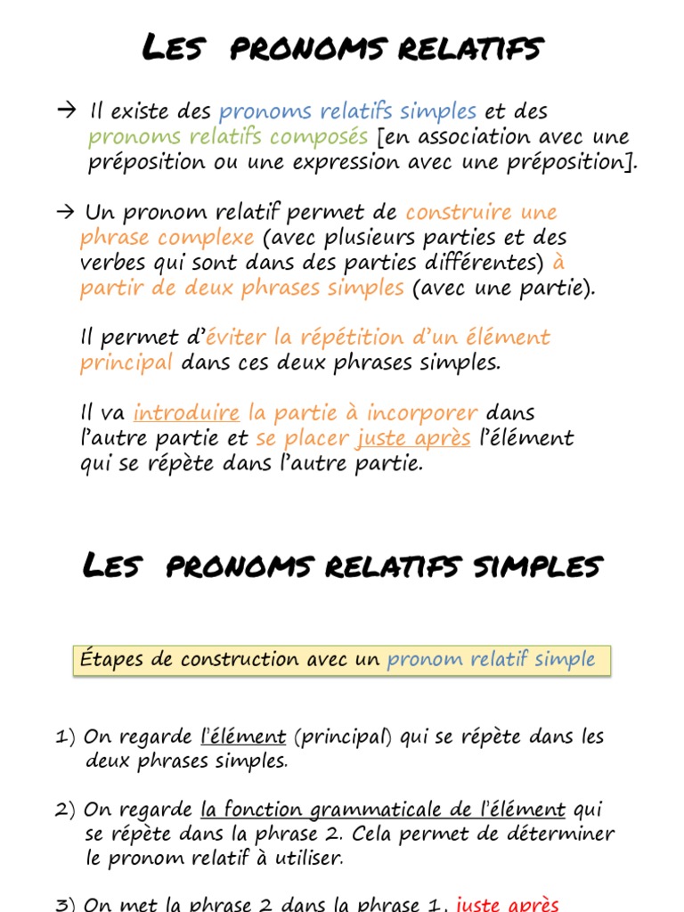 Pronoms relatifs : simples et composés | PDF | Genre grammatical | Pronom