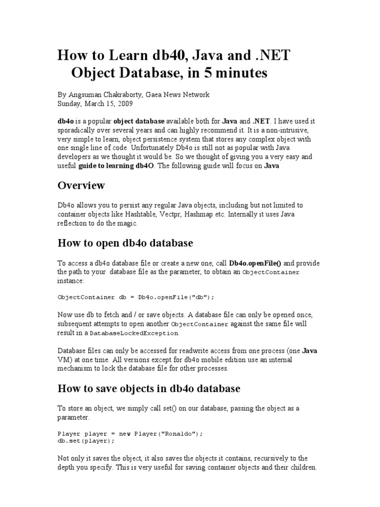 Quick Guide to db4o for Java Developers | PDF | Databases | Java (Programming Language)