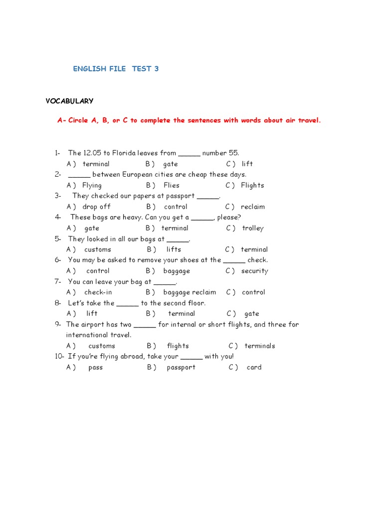 English File Test 3: Vocabulary | PDF | Baggage