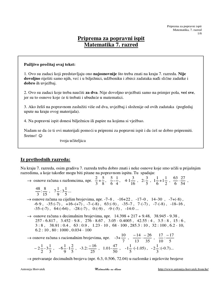 Priprema Za Popravni Ispit Iz Matematike 7 Razred | PDF