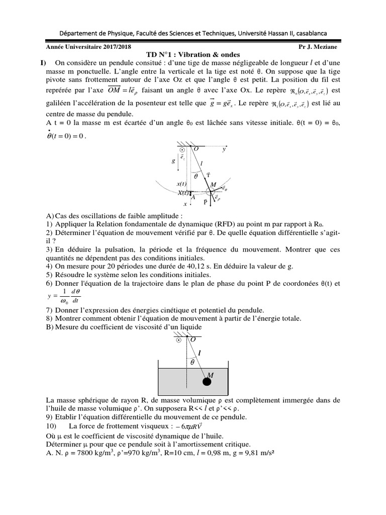 Vibrations et Ondes: TD Physique | PDF | Puissance (physique) | Pendule ...