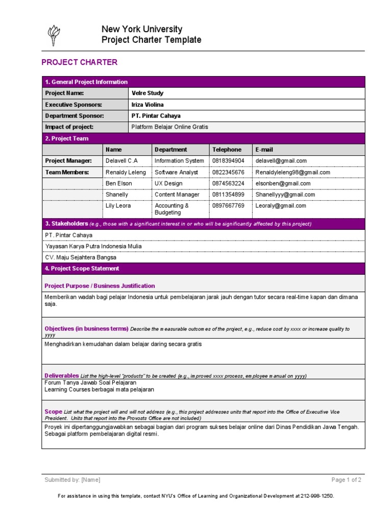 New York University Project Charter Template | PDF | Business | Economies