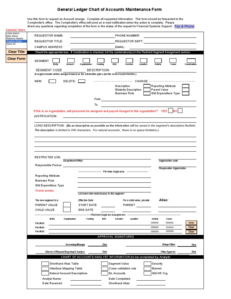 General Ledger Chart of Accounts Maintenance Form: Segment Code ...