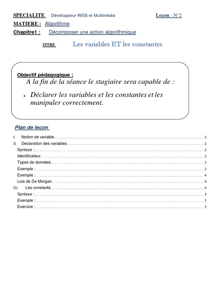 Types de Variables en Algorithme | PDF | Variable (informatique) | Division