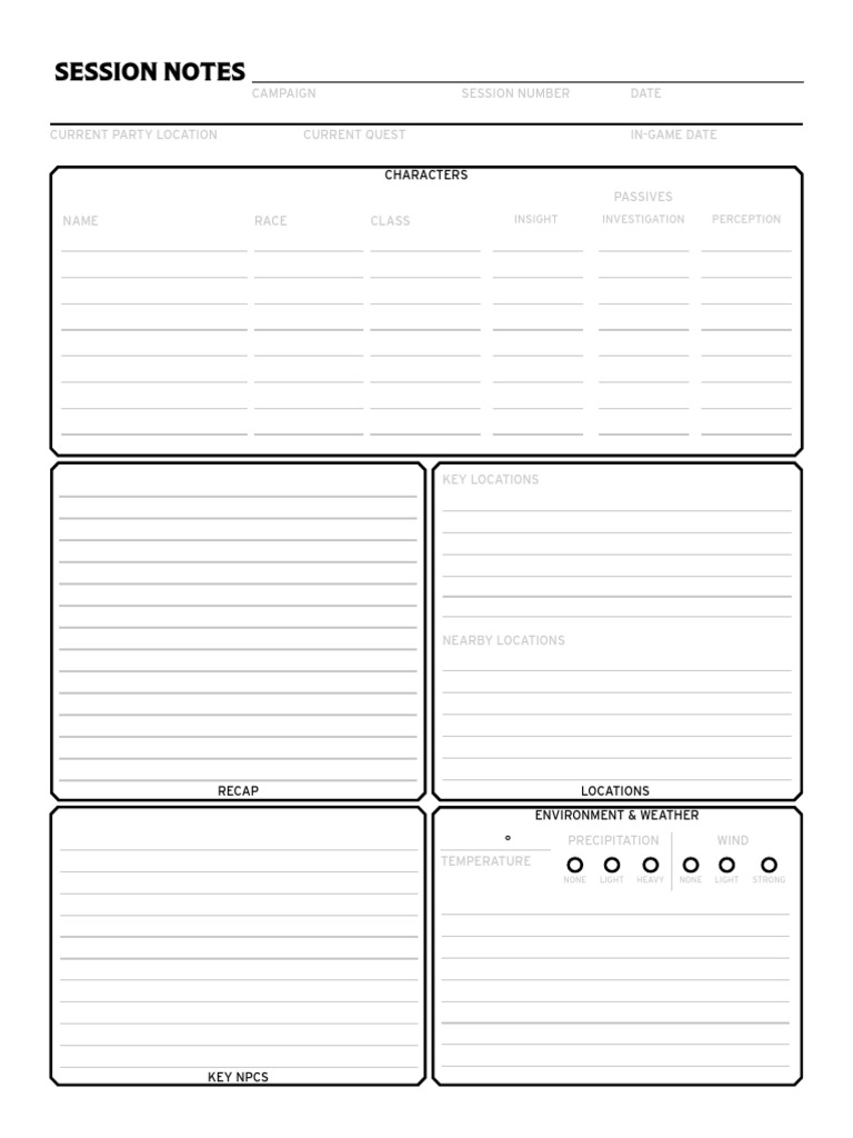 Session Notes Sheet (Form Fillable) | PDF | Dungeons & Dragons | Gaming