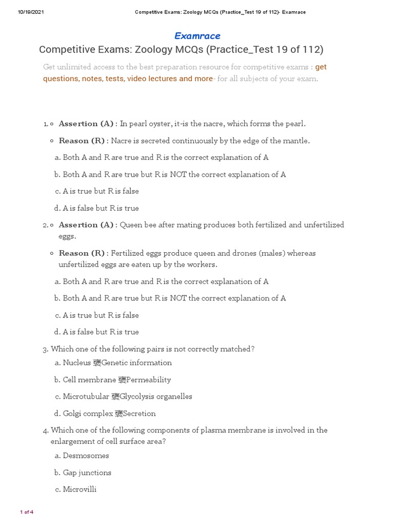 Zoology MCQs Practice Test 19 | PDF | Mitochondrion | Cell (Biology)