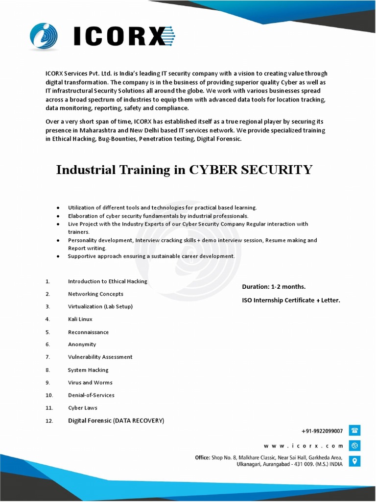 Industrial Training in CYBER SECURITY: Duration: 1-2 Months. ISO Internship Certificate + Letter ...